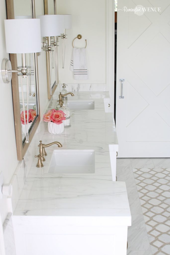Marble master bathroom- wood lattice inlay - Remington Avenue