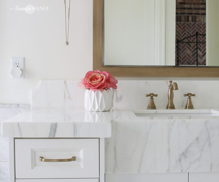 Marble master bathroom- wood lattice inlay - Remington Avenue