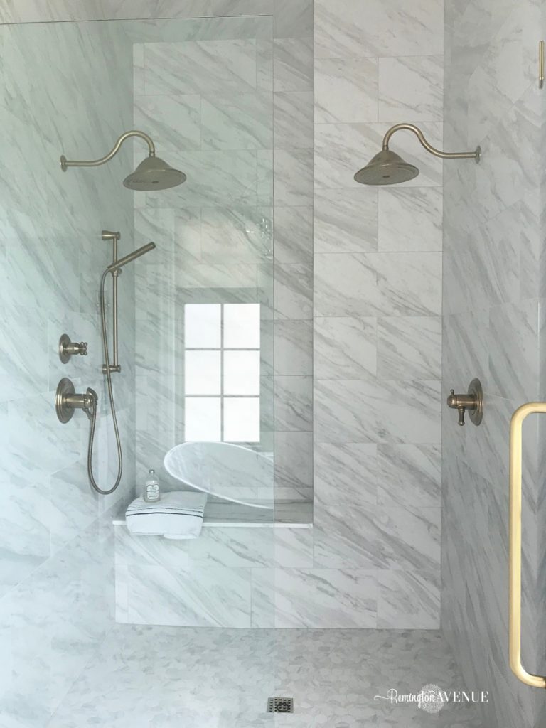 Marble master bathroom- wood lattice inlay - Remington Avenue