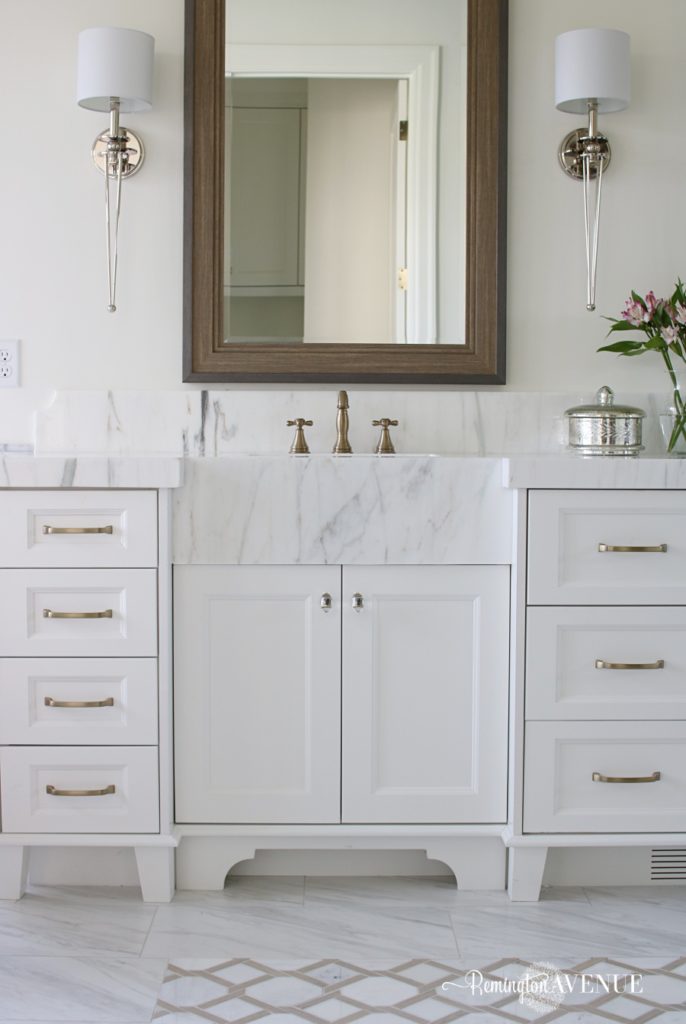 Marble master bathroom- wood lattice inlay - Remington Avenue
